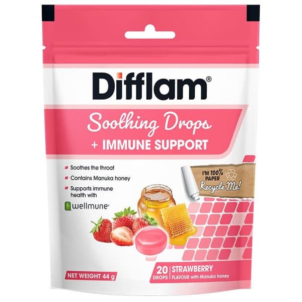 Shop Difflam Soothing Drops plus Immune Support Strawberry 20 Drops Online