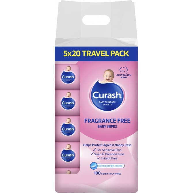Shop Curash Fragrance Free Baby Wipes 5 x 20 Pack Online